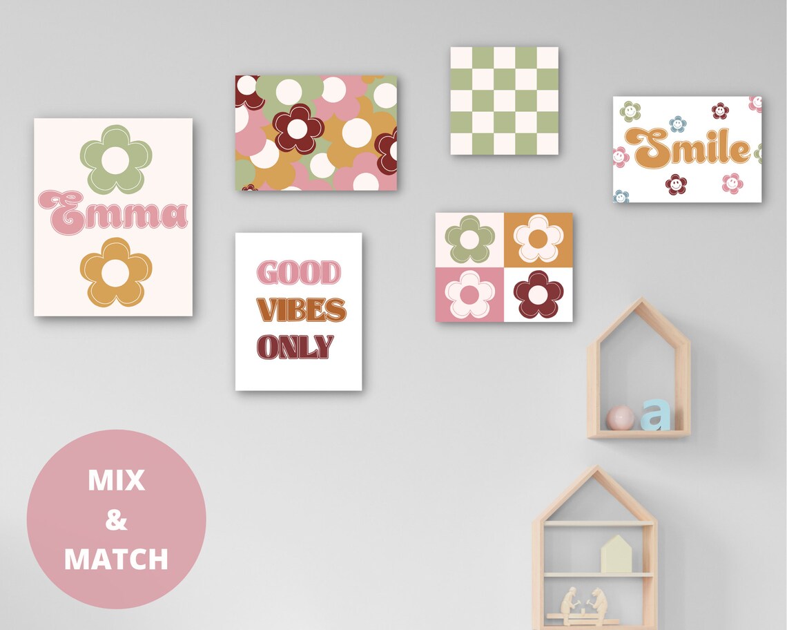 Retro Smiley Face Flowers Art Print Nursery Decor Vintage - Etsy