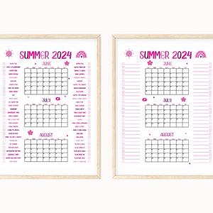 Summer 2024 Pink Printable Calendar Poster, Summer Fill in Activities ...