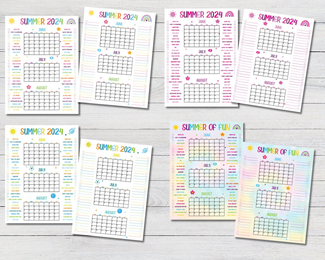 2024 Summer Printable Calendar Bundle, Kids Summer Calendar, Activities ...