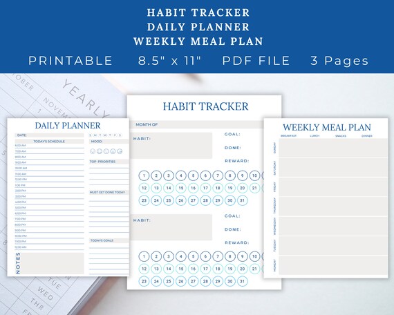 PDF Printable Habit Tracker Daily Planner Weekly Meal Plan | Etsy