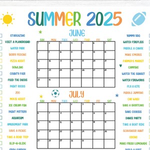 2025 Summer Printable Calendar Poster, Boys Summer Activities Calendar ...