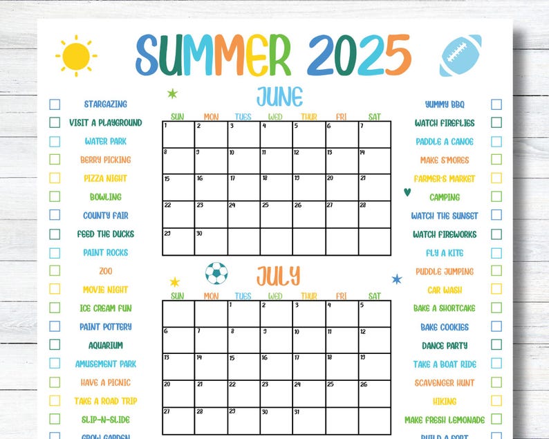 2025 Summer Printable Calendar Poster, Boys Summer Activities Calendar ...