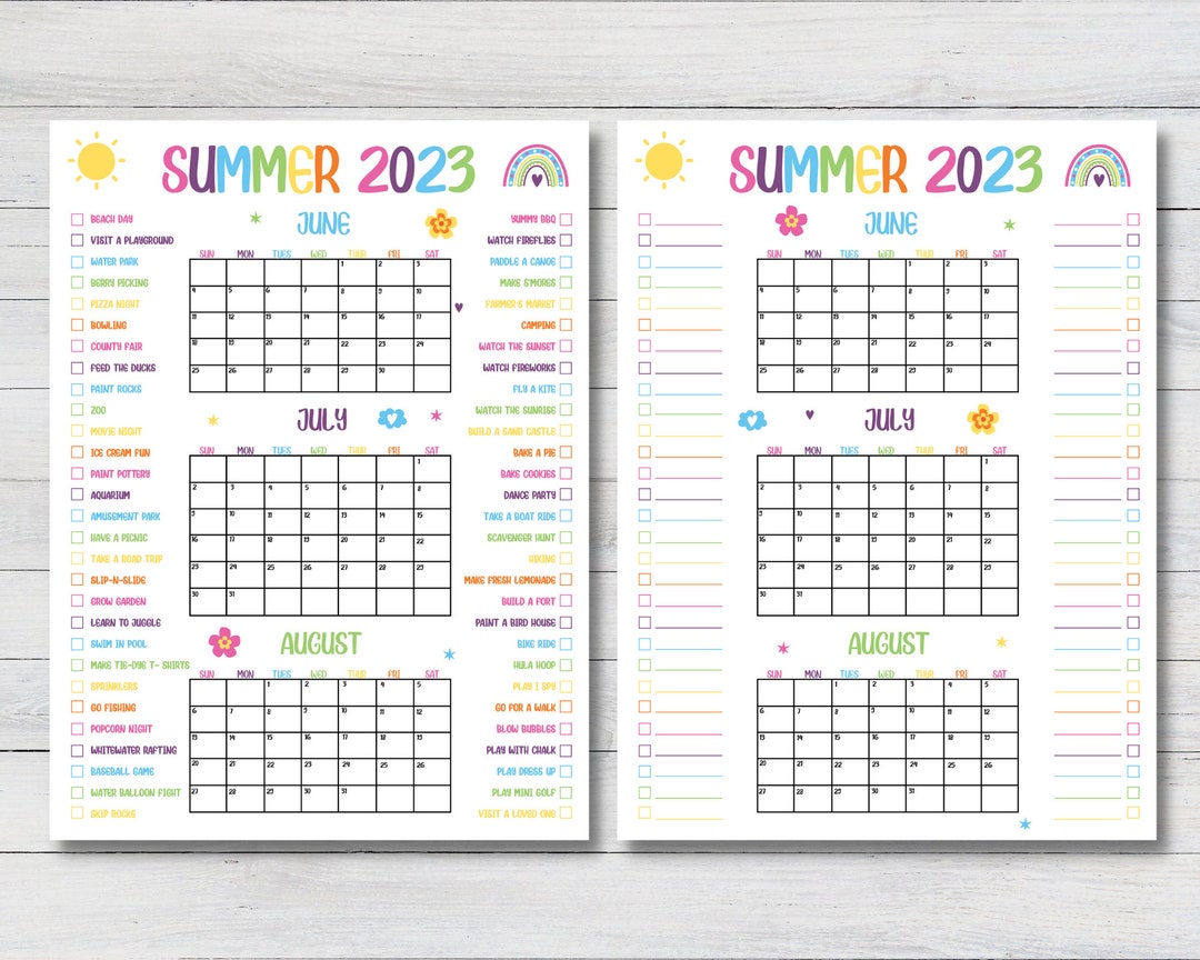 Summer Bucket List Calendar Kids Family Checklist Summer - Etsy