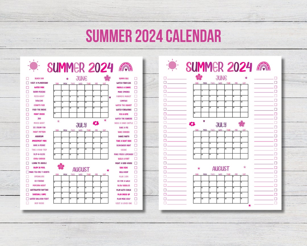 Summer 2024 Pink Printable Calendar Poster, Summer Fill in Activities ...