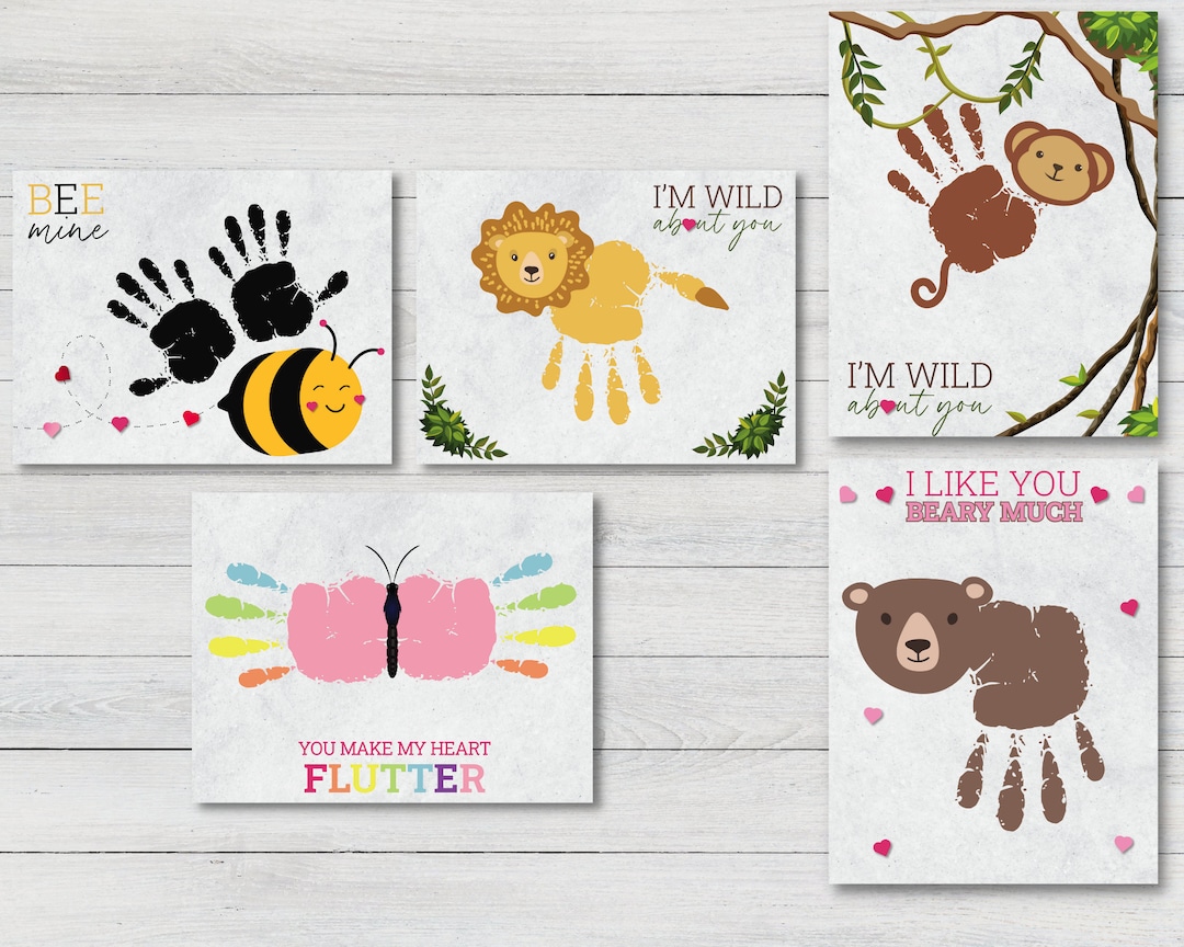 Set of 5 Butterfly, Bear, Monkey, Bee, Lion Handprint Valentine's Day ...