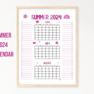 Summer 2024 Pink Printable Calendar Poster, Summer Fill in Activities ...