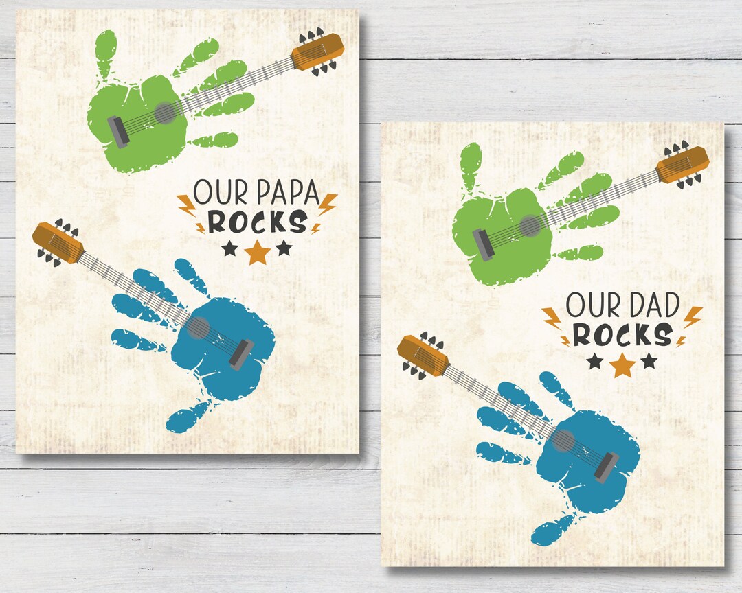 Our Dad Rocks + Our Papa Rocks Guitar Handprint Art Craft, Gift for Dad ...