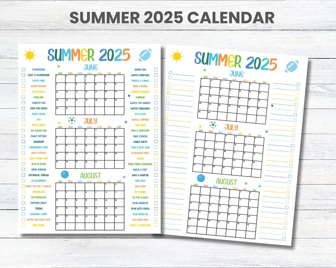 2025 Summer Printable Calendar Poster, Boys Summer Activities Calendar ...