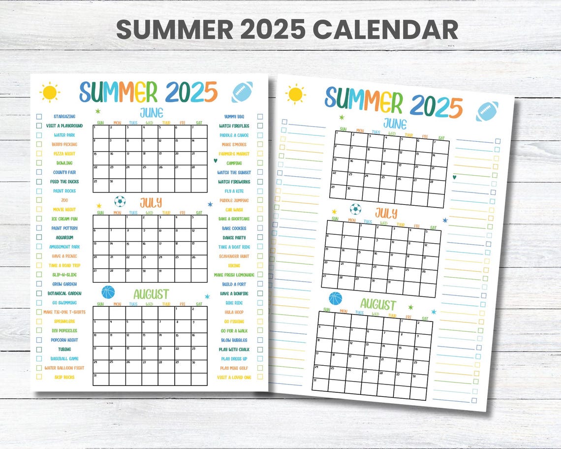 2025 Summer Printable Calendar Poster, Boys Summer Activities Calendar ...