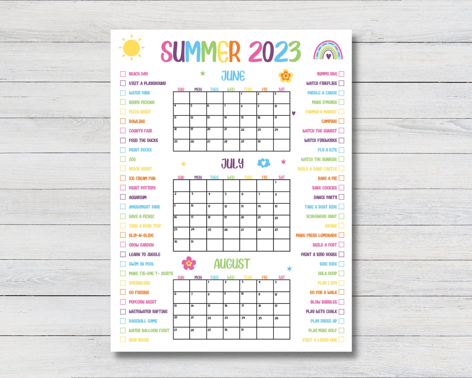 Summer Bucket List Calendar Kids Family Checklist Summer - Etsy