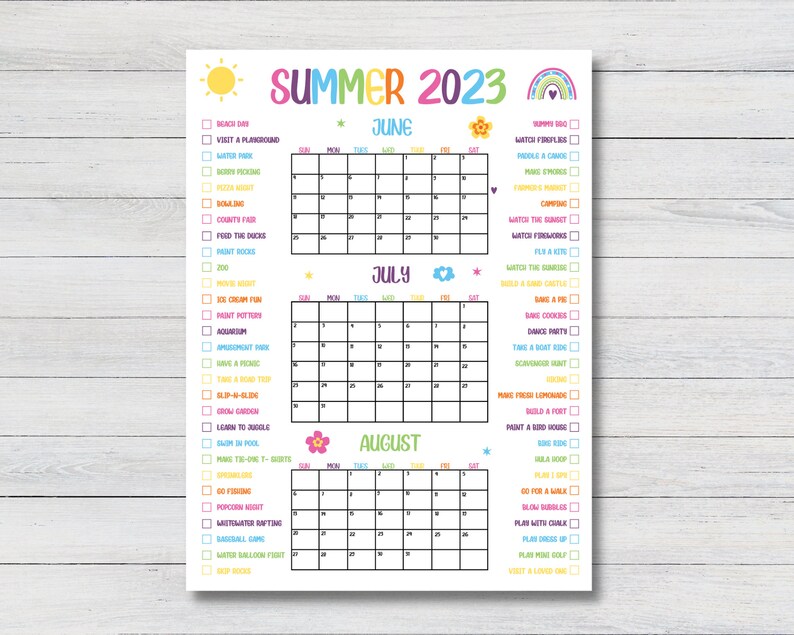 Summer Bucket List Calendar Kids Family Checklist Summer - Etsy