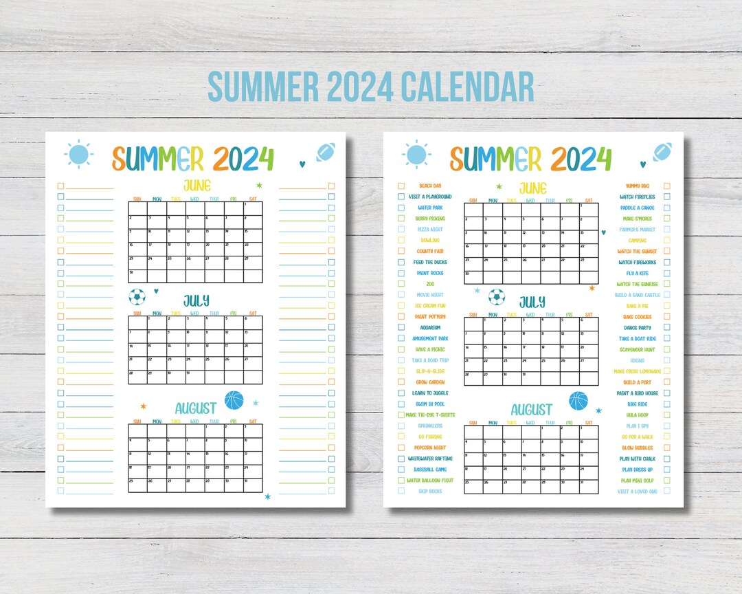 2024 Summer Printable Calendar Poster, Boys Summer Activities Calendar ...