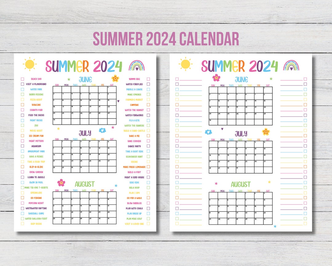 Summer 2024 Printable Calendar Poster, Set of 2 Summer Calendar, Fill ...