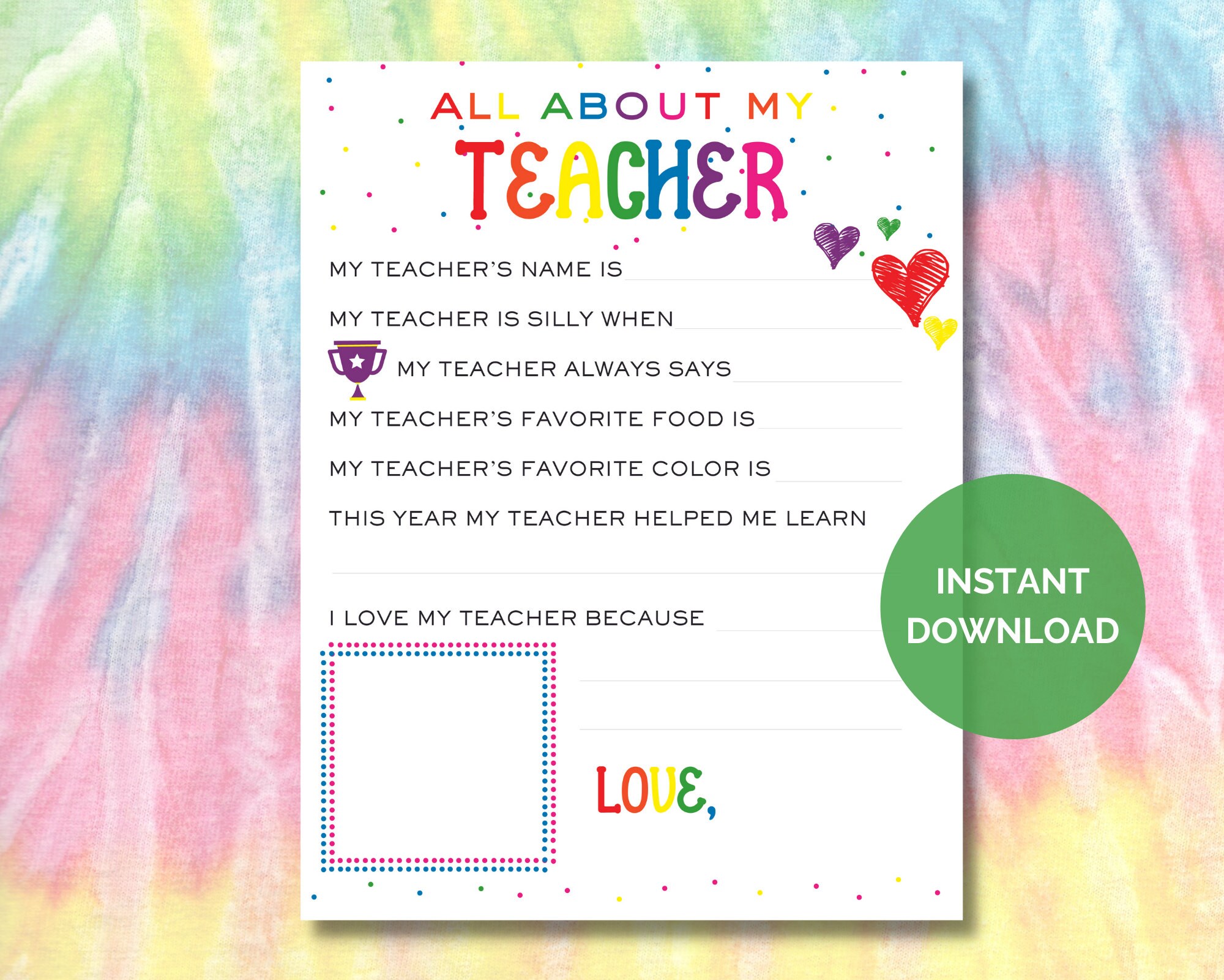 All About My Teacher, Teacher Appreciation Week Printable, Teacher Card ...