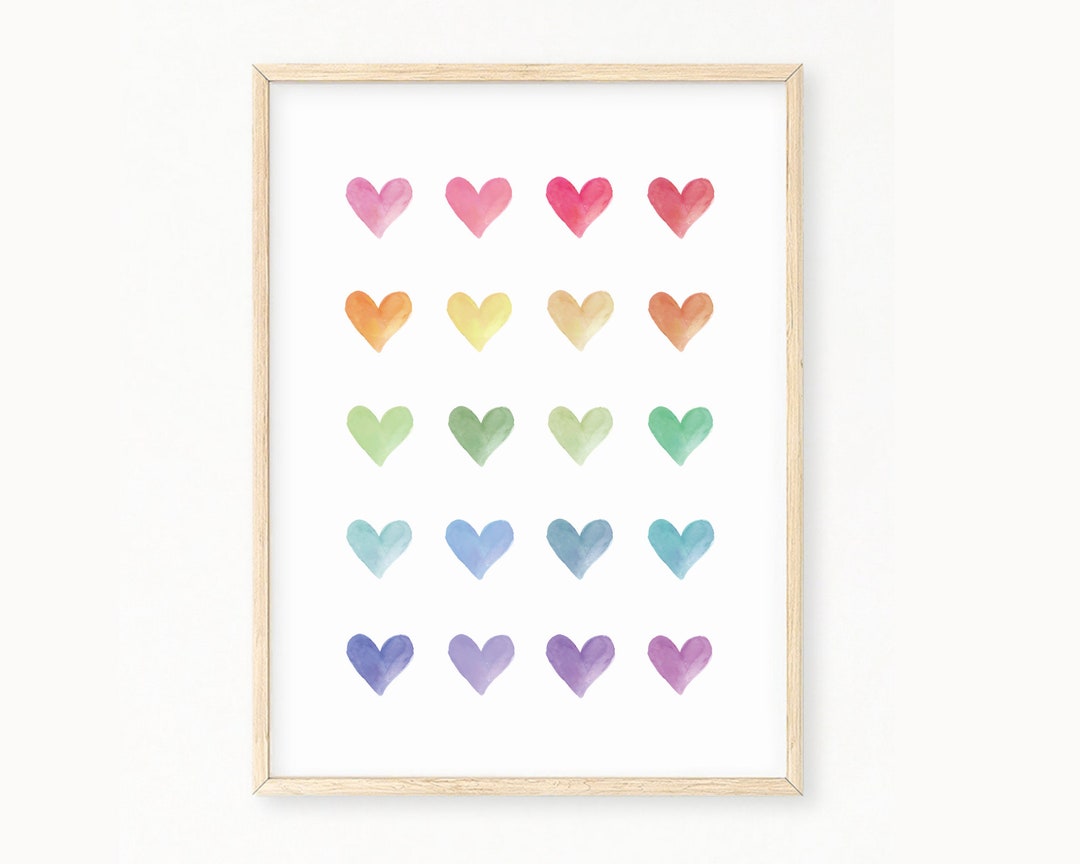 Watercolor Hearts Wall Art | Rainbow Hearts Background Art Print ...