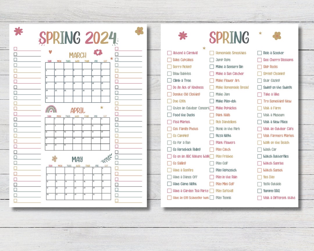 2024 Spring Printable Calendar Poster, Spring Activities Calendar ...