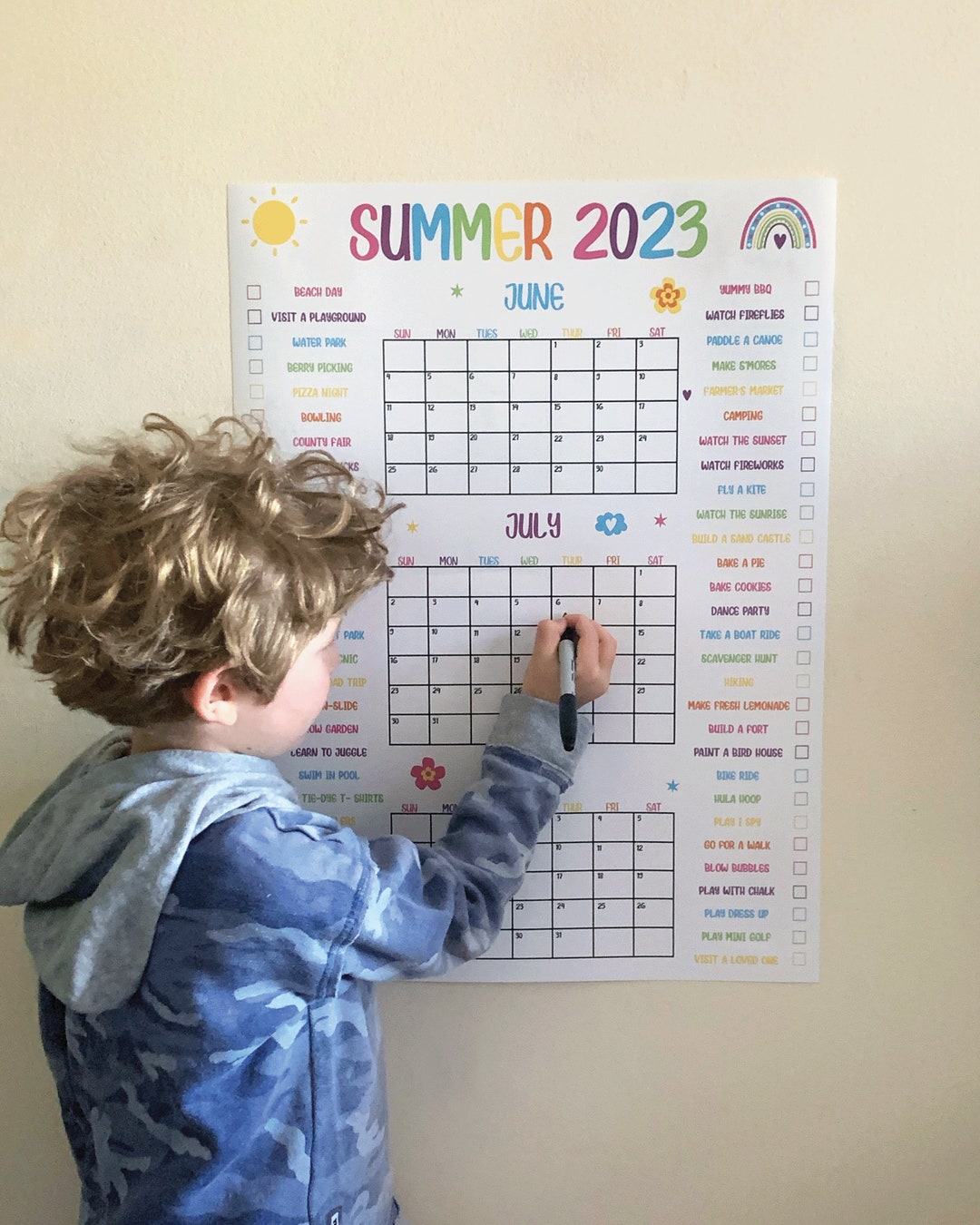 2023 Summer Printable Calendar Poster, Rainbow Kids Summer Calendar ...