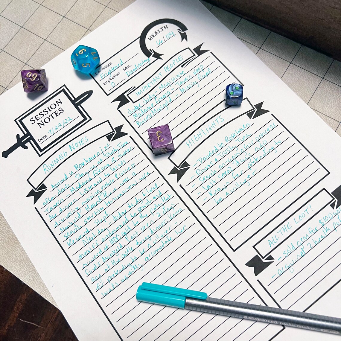 Printable RPG Session Notes Dnd 5e D&D Pathfinder RPG - Etsy