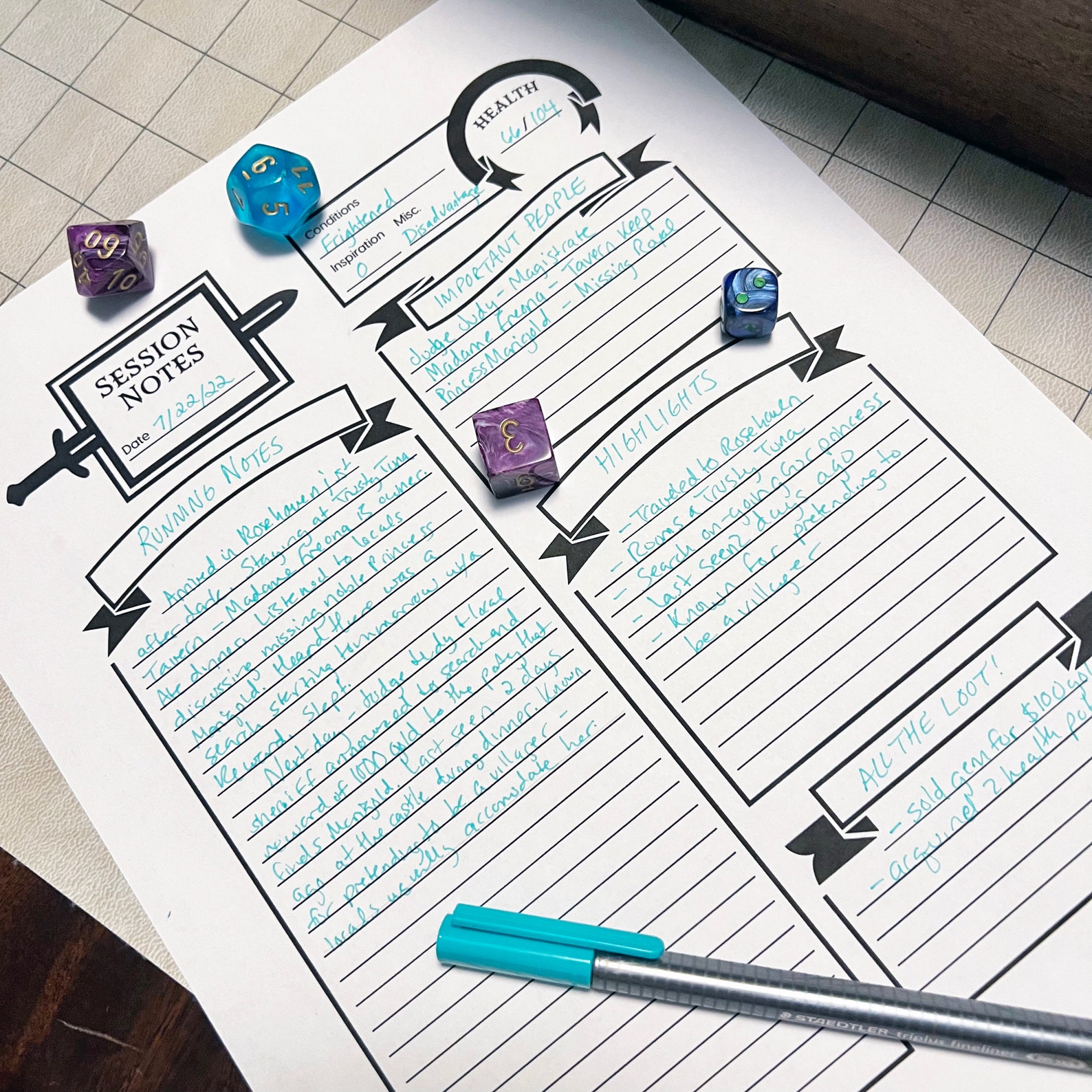 Printable RPG Session Notes Dnd 5e D&D Pathfinder RPG PDF Fillable ...