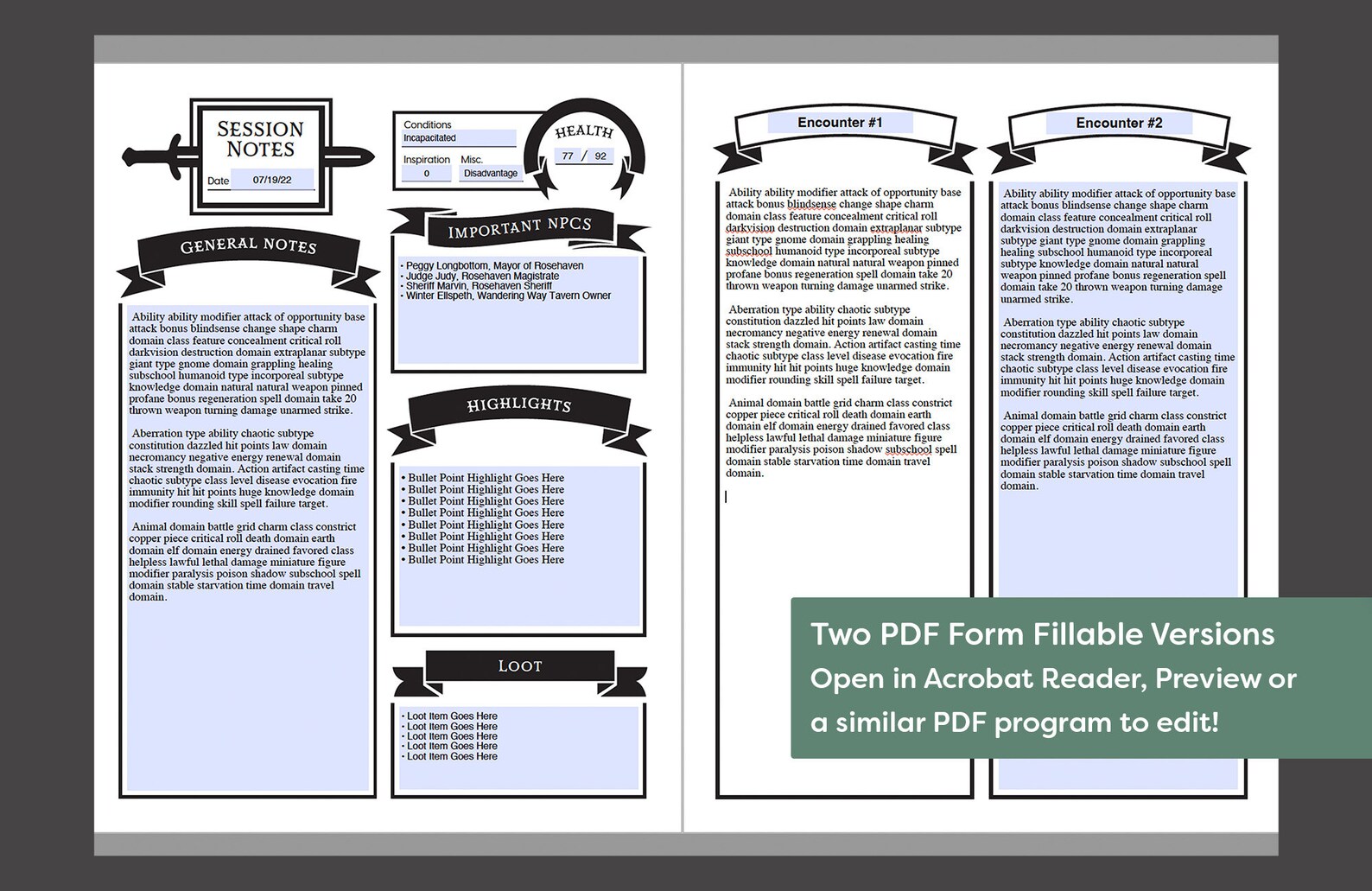 Printable RPG Session Notes Dnd 5e D&D Pathfinder RPG PDF Fillable ...