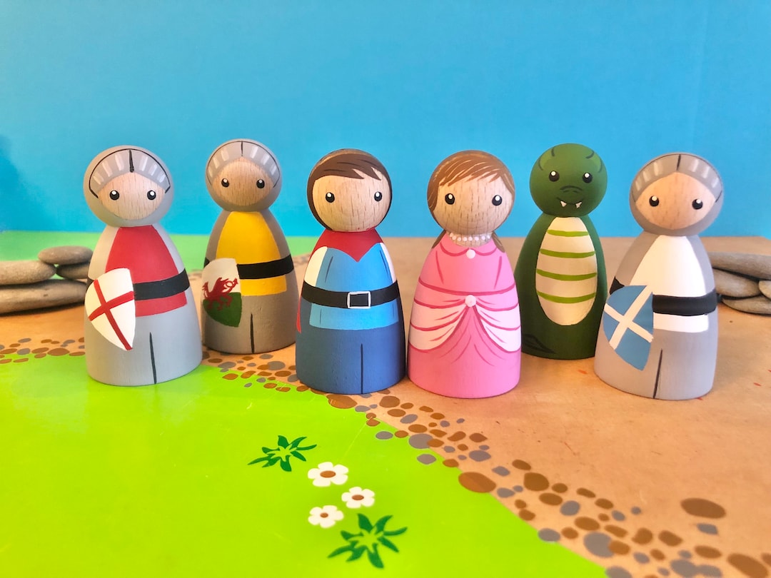 Wooden Peg Doll People, Knights, Dragon, Prince and Princess ...