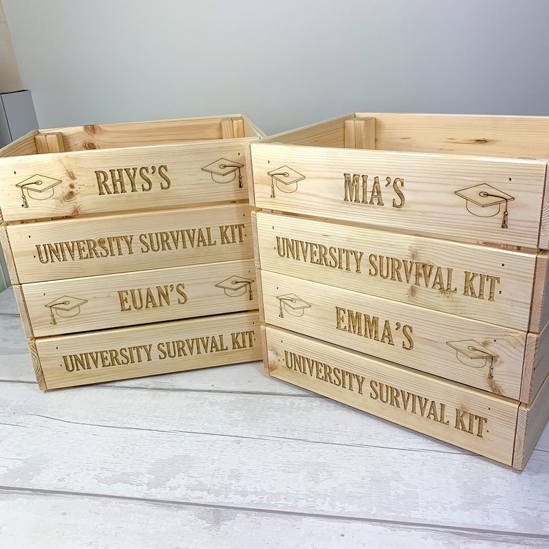 Personalised University Survival Kit, Survival Crate. Wooden University ...