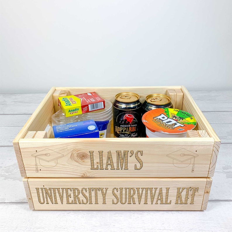 Personalised University Survival Kit, Survival Crate. Wooden University ...