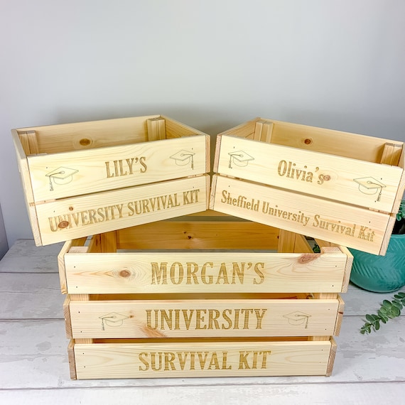 Personalised University Survival Kit Survival Crate. Wooden - Etsy UK