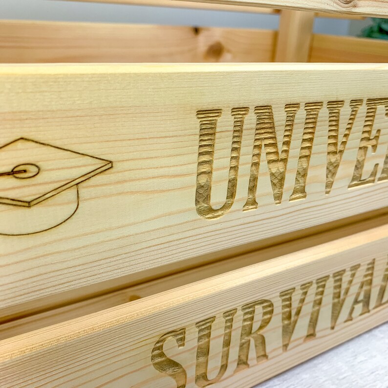 Personalised University Survival Kit, Survival Crate. Wooden University ...