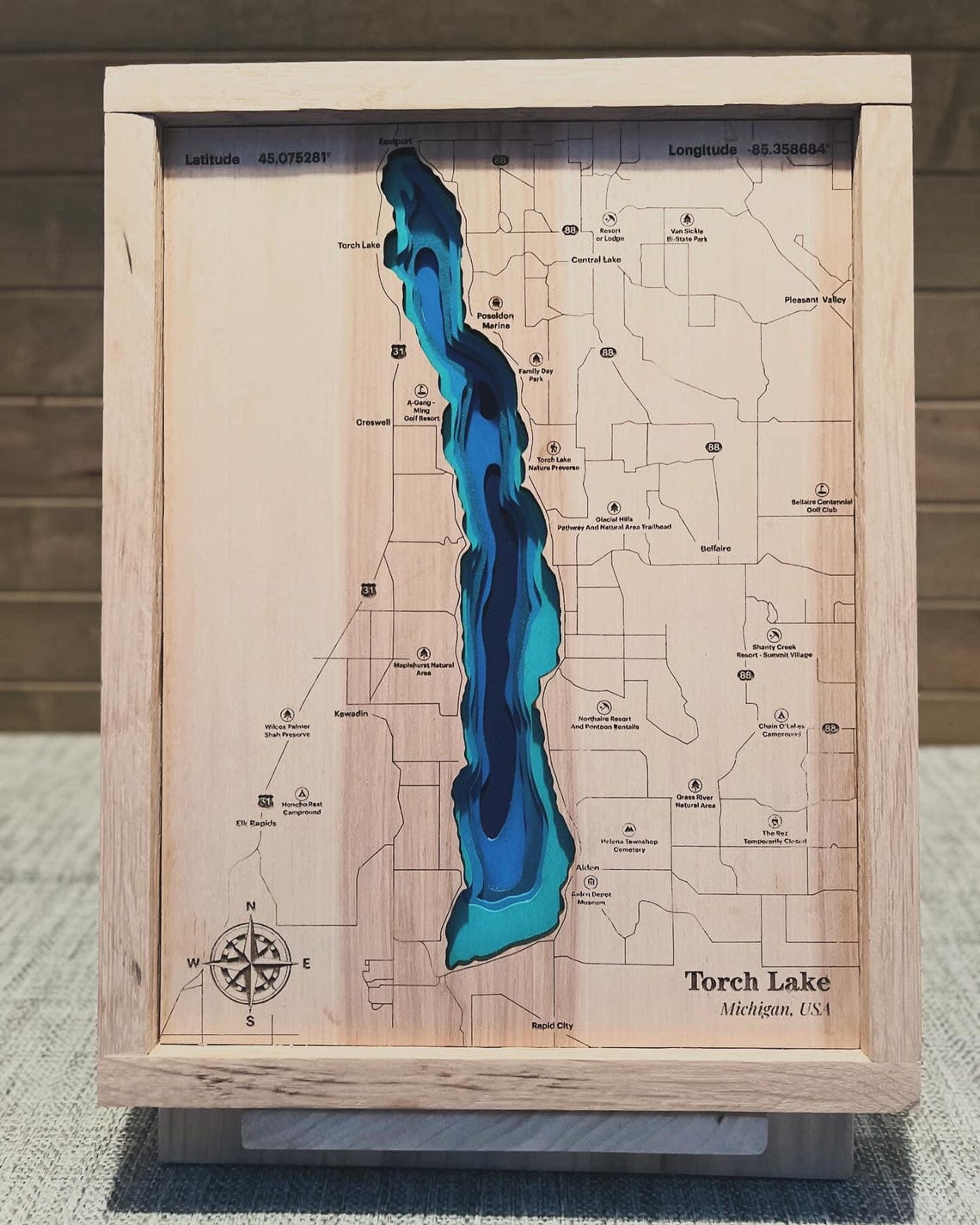 Torch Lake Michigan Topographic Map, Multilayer 3D Wall Art ...