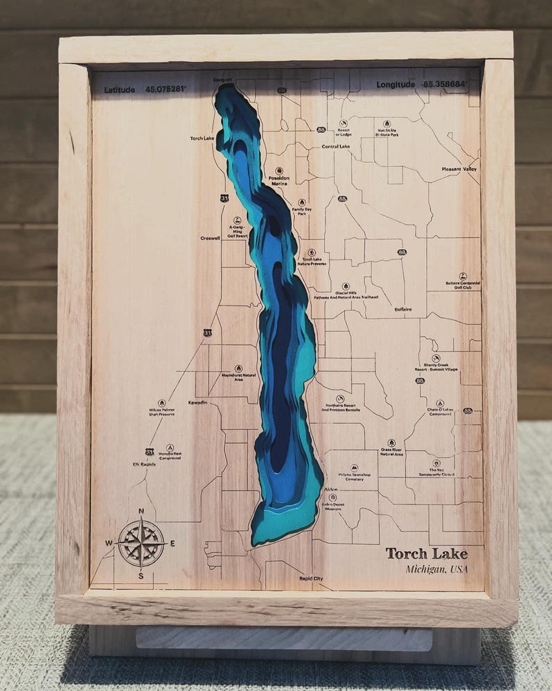 Torch Lake Michigan Topographic Map, Multilayer 3D Wall Art ...