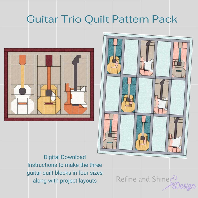 Guitar Trio Acoustic Folk Electric Guitar Quilt Block PDF - Etsy