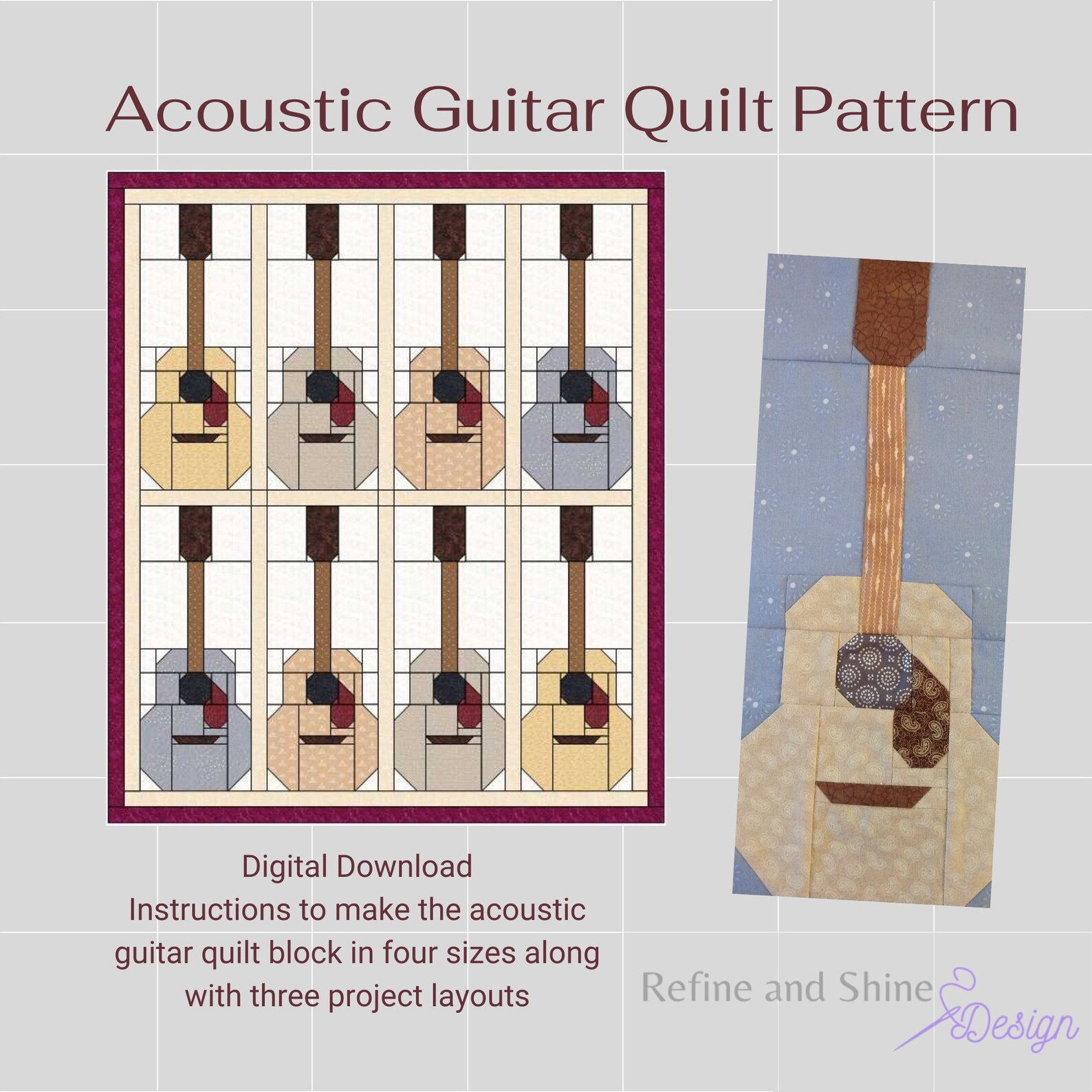 Acoustic Guitar Quilt Block PDF Pattern - Etsy