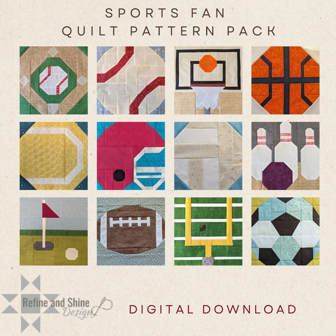 Sports Fan Quilt Pattern Pack Instant Download, Set of 12 Sports Themed ...