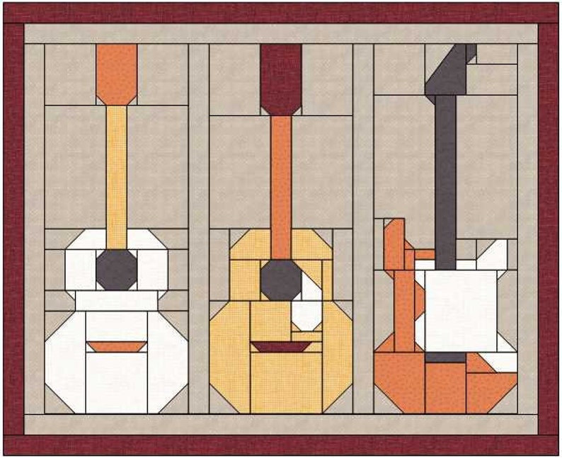 Guitar Trio Acoustic Folk Electric Guitar Quilt Block PDF | Etsy
