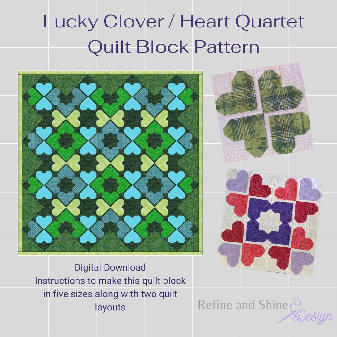 Lucky Clover Heart Quartet Quilt Block PDF Pattern - Etsy