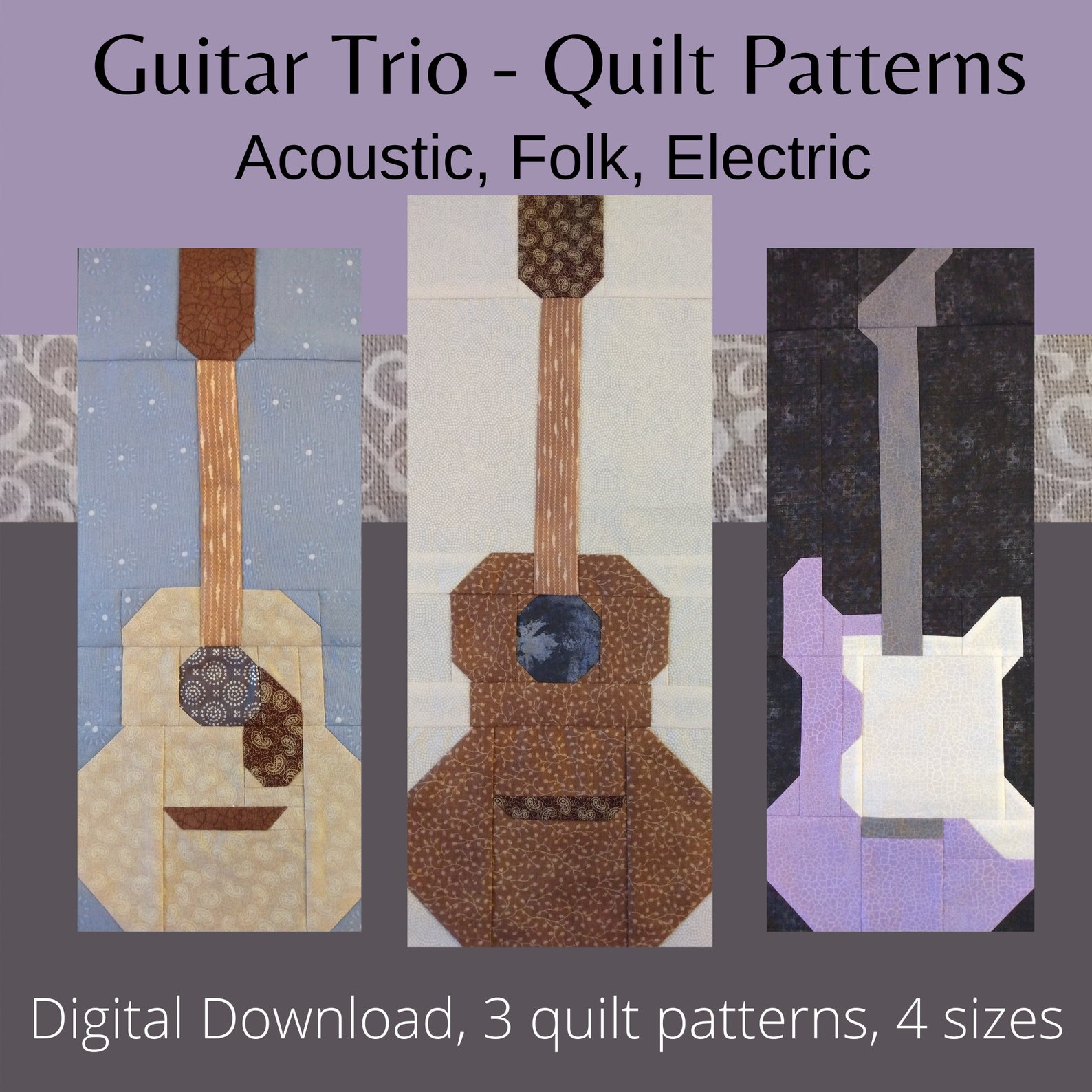 Guitar Trio Acoustic Folk Electric Guitar Quilt Block PDF | Etsy