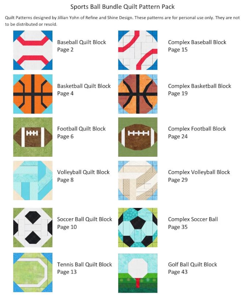 Sports Ball Bundle Quilt Pattern Pack, Set of 12 Quilt Blocks, Instant ...