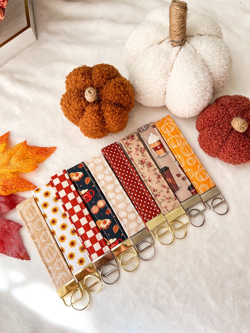 Fall Fabric Keychain Wristlet | Handmade Cotton Key Fob Lanyard - Etsy