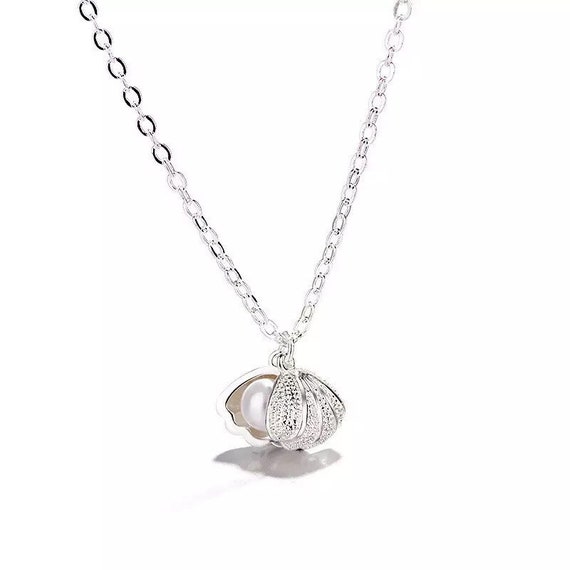 Clam Shell Pearl Necklace 925 Sterling Silver and Cubic | Etsy