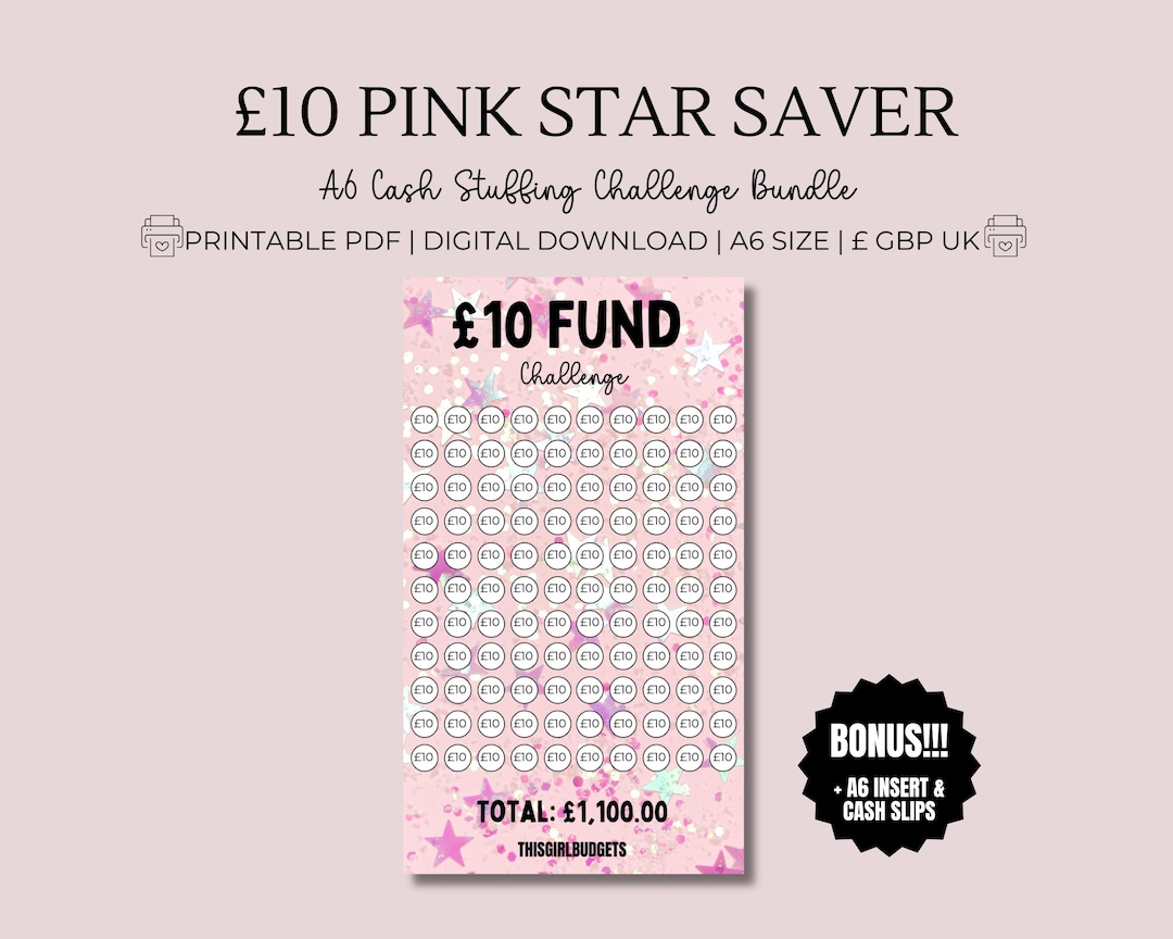 10 Pound Pink Star Saver - Printable A6 PDF Download, Save 1,100!, Low ...