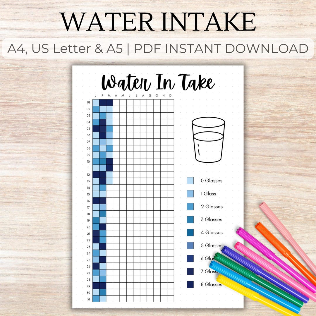 Water Intake Tracker - PRINTABLE A4, US & A5 Journal Page, Bullet Dot ...