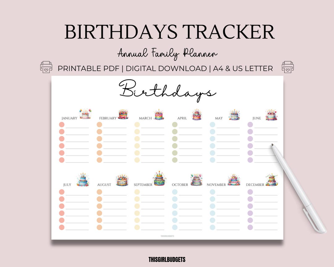 Birthdays Printable Tracker - A4 & US PDF Download, Family Planner ...