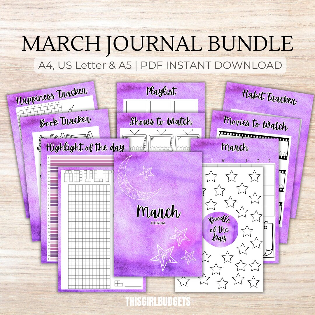 March Journal Pages - PRINTABLE A4, US & A5, Moon Star Daily Tracker ...