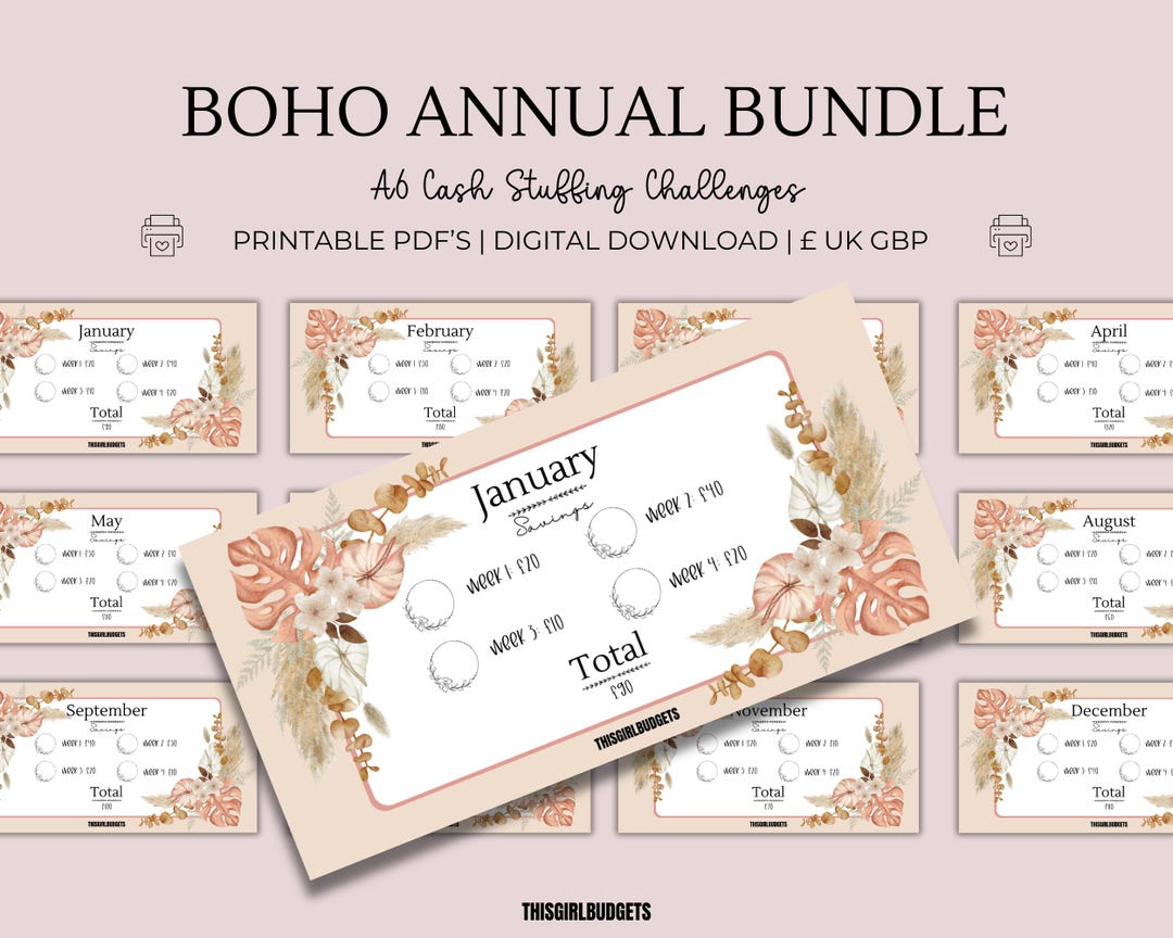 Annual Boho 12 Month Challenges - Printable A6 Pdf's - Budgeting ...