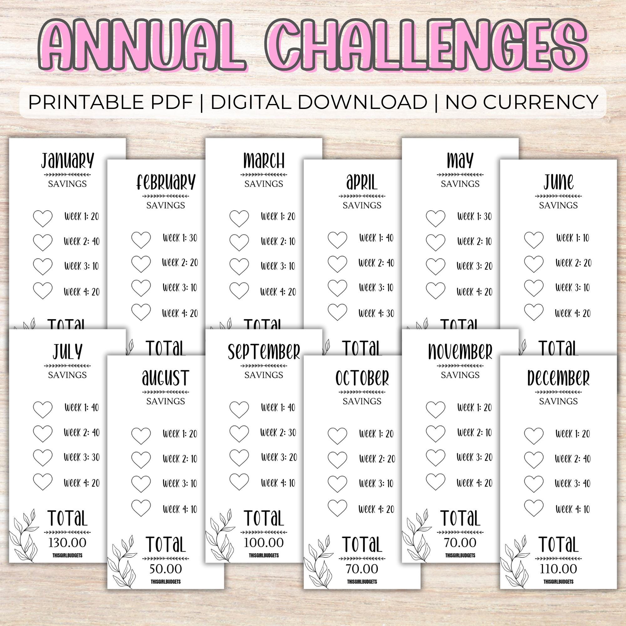 Annual 12 Month Savings Challenge 2026 – 12 Month PDF Printable ...