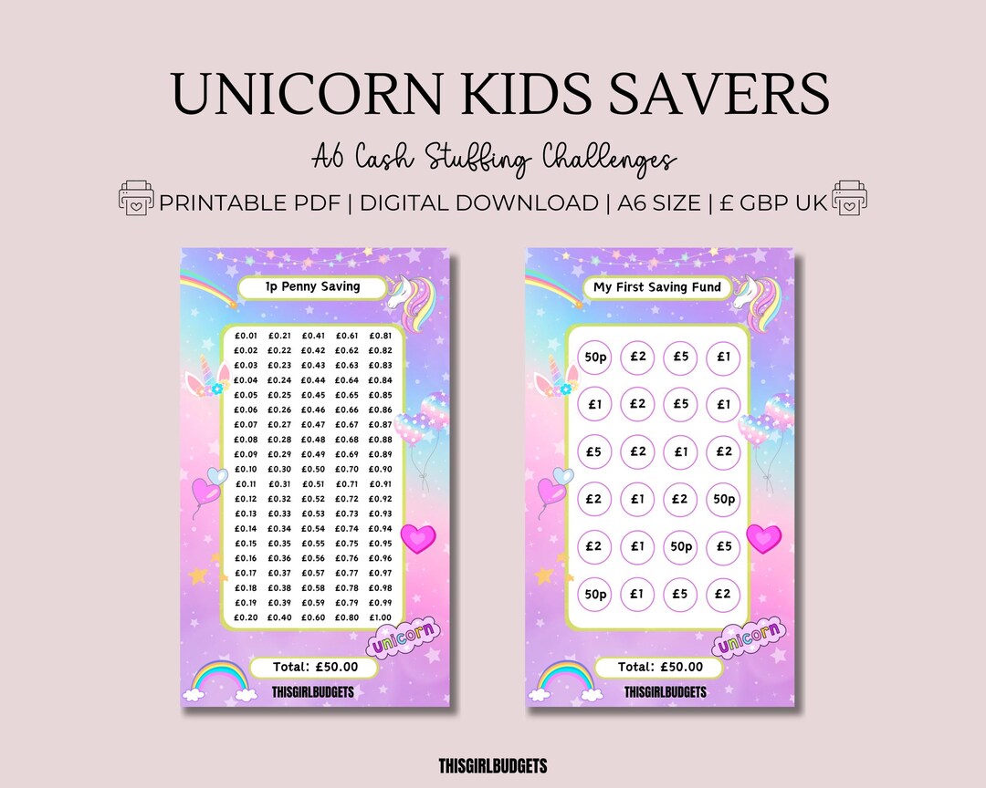 Unicorn Children’s Savings Challenge - A6 Printable PDF Download, Kids Cash Stuffing Trackers ...