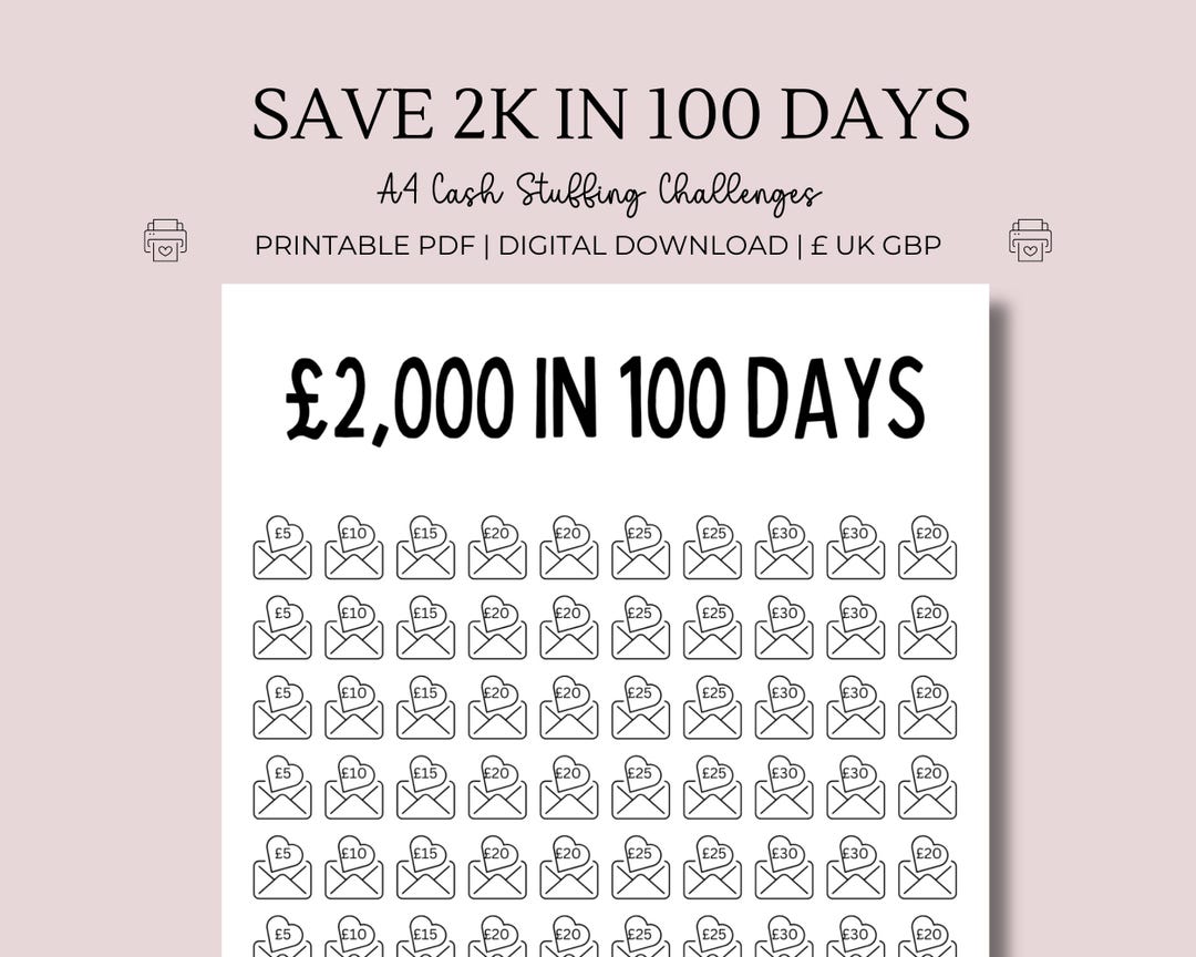 Save 2k in 100 Days Saving Challenge - A4 Printable PDF UK GBP Pounds ...