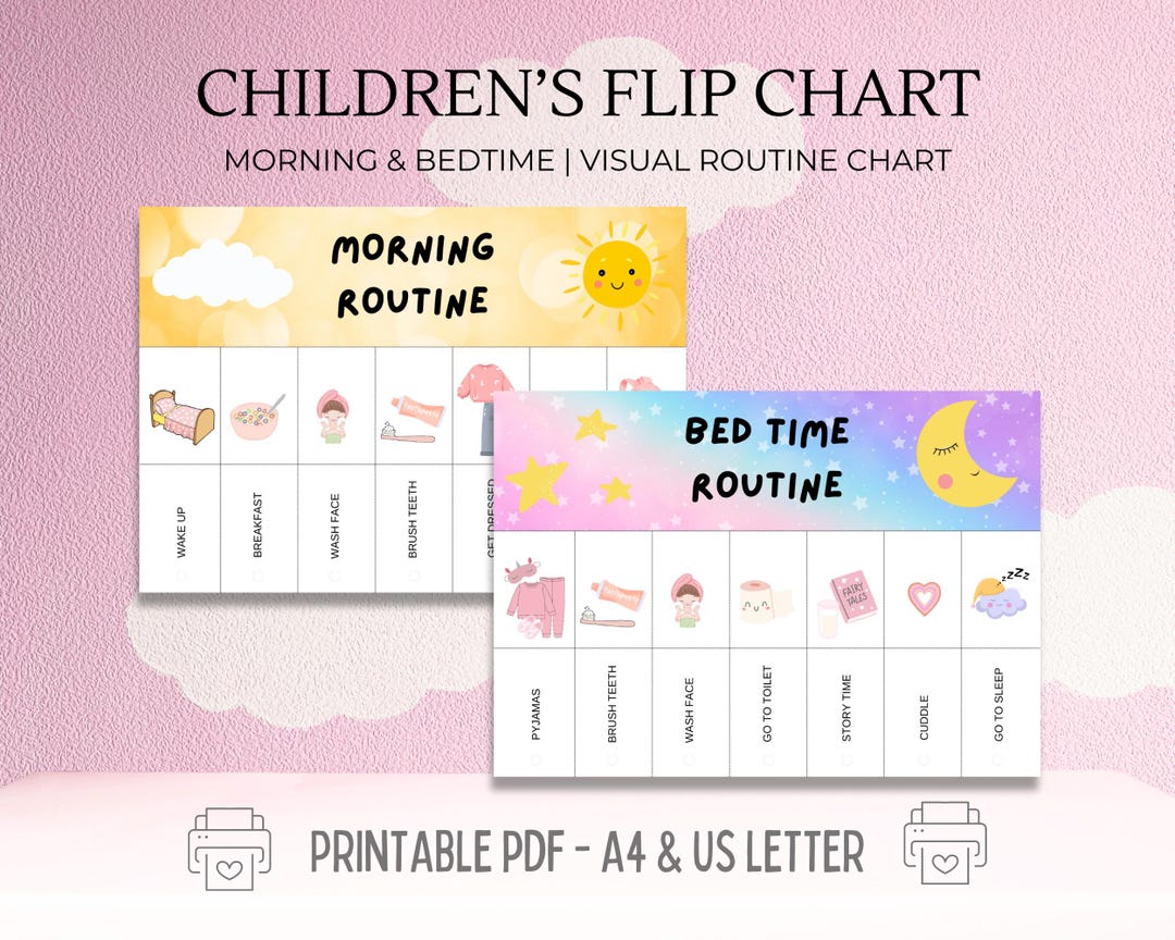 Kids Morning and Bedtime Flip Chart - A4 & US Printable PDF, Girls ...