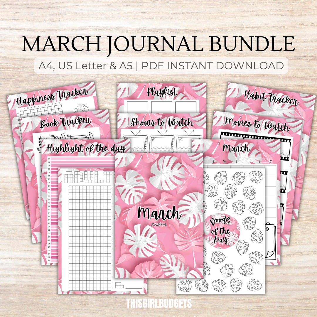 March Journal Pages - PRINTABLE A4, US & A5, Monstera Daily Tracker ...